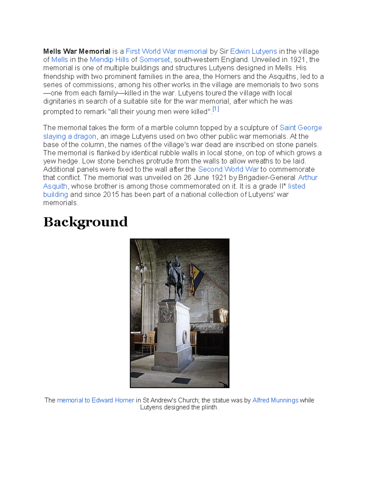 Mells War Memorial is a First World War memorial by Sir Edwin Lutyens ...