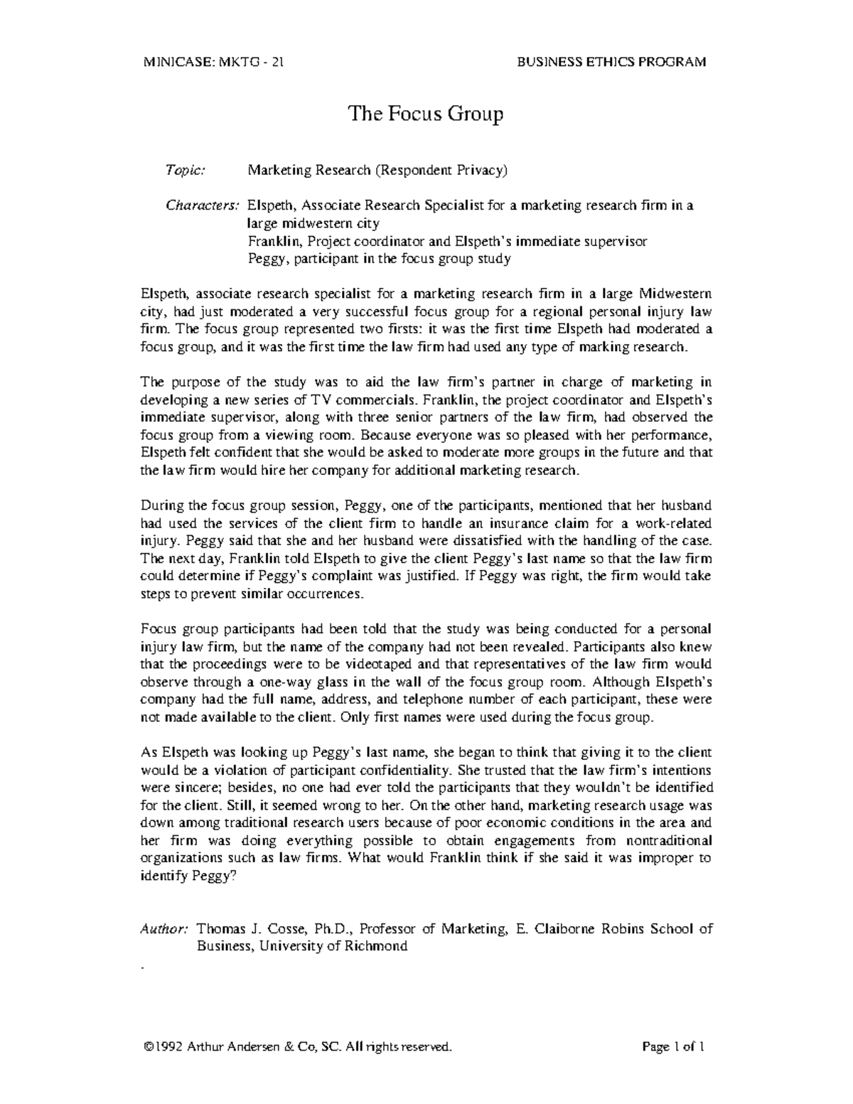 MRcase 5 - Case Study - MINICASE: MKTG - 21 BUSINESS ETHICS PROGRAM The ...