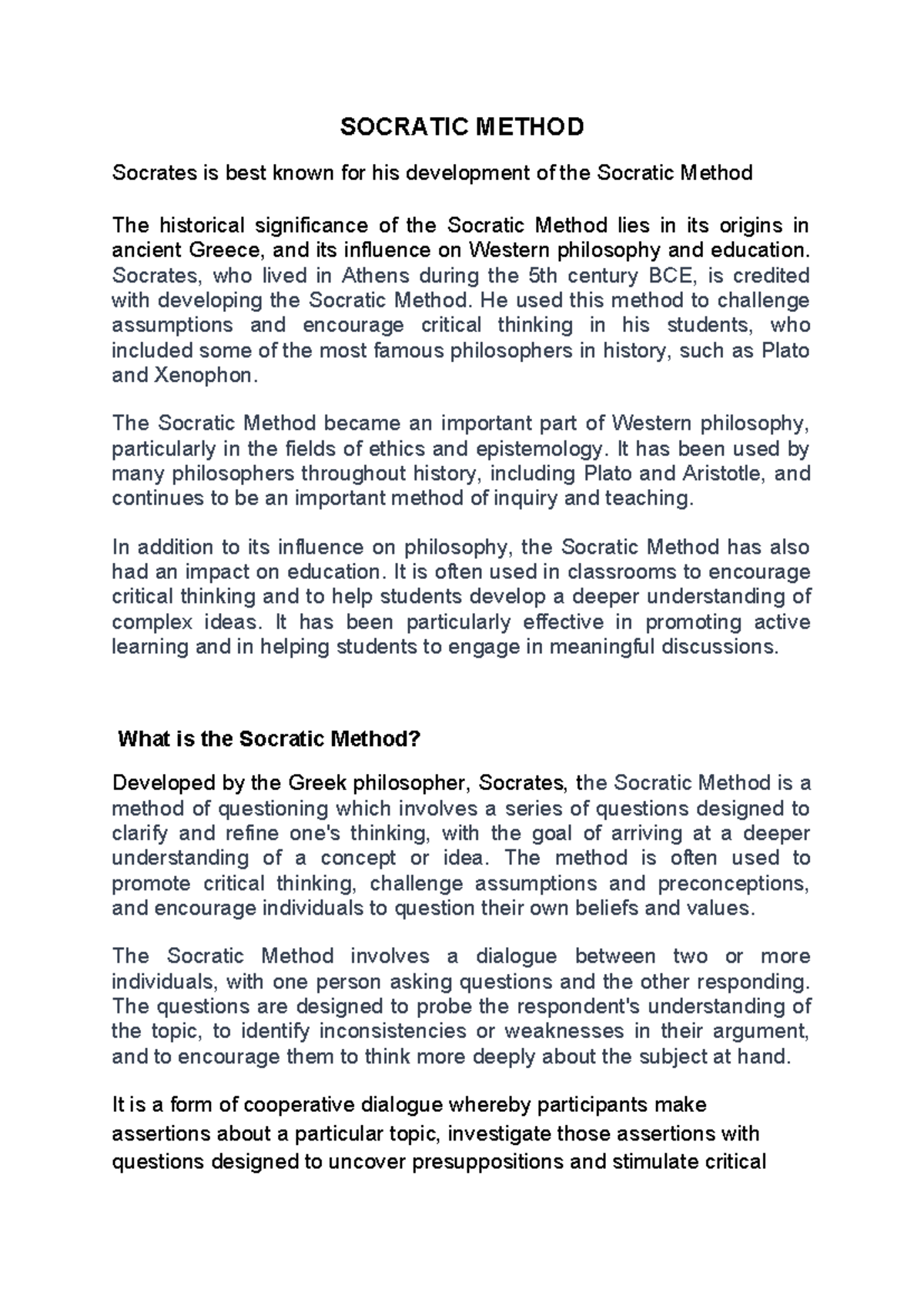 Socratic Method - Summary BS Accountancy - SOCRATIC METHOD Socrates is ...