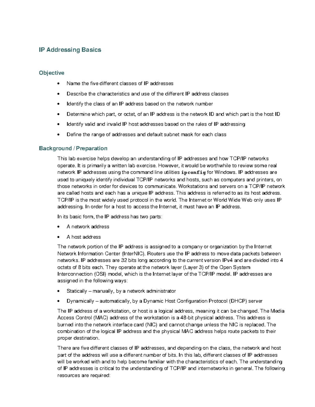 Lab 1 IP Addressing - laboratorio practico progrmaacion router - IP Addressing Basics Objective ...