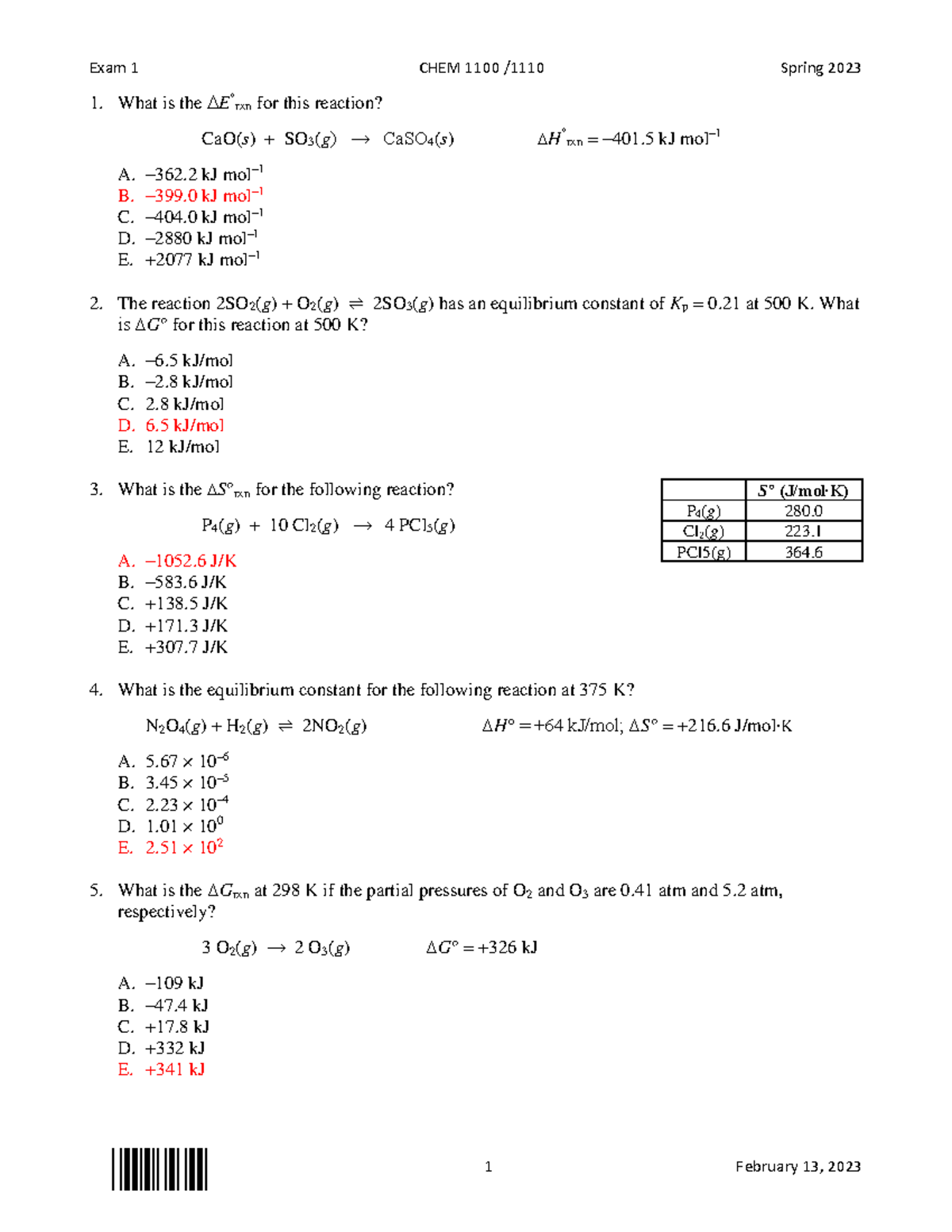 Chem 2 Exam 1 S2023 Form A - 1 February 13, 2023 What is the E°rxn for ...
