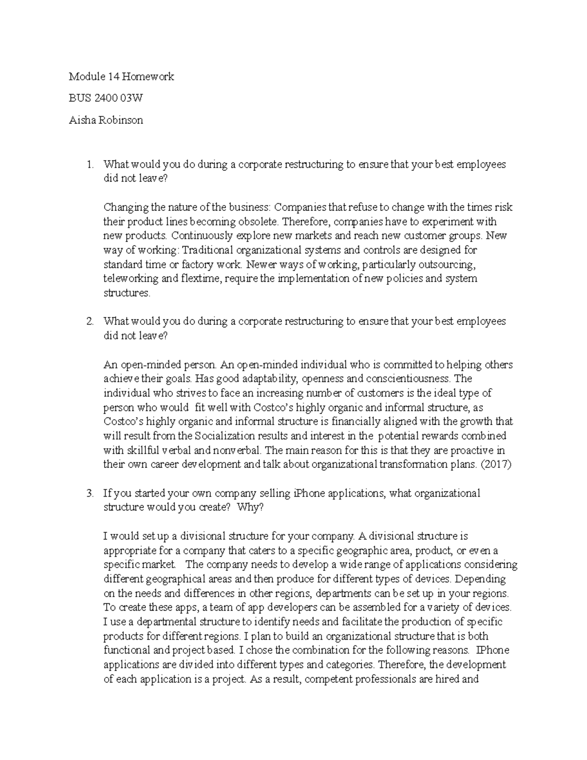 Module 14 Homework BUS 2400 - Module 14 Homework BUS 2400 03W Aisha ...