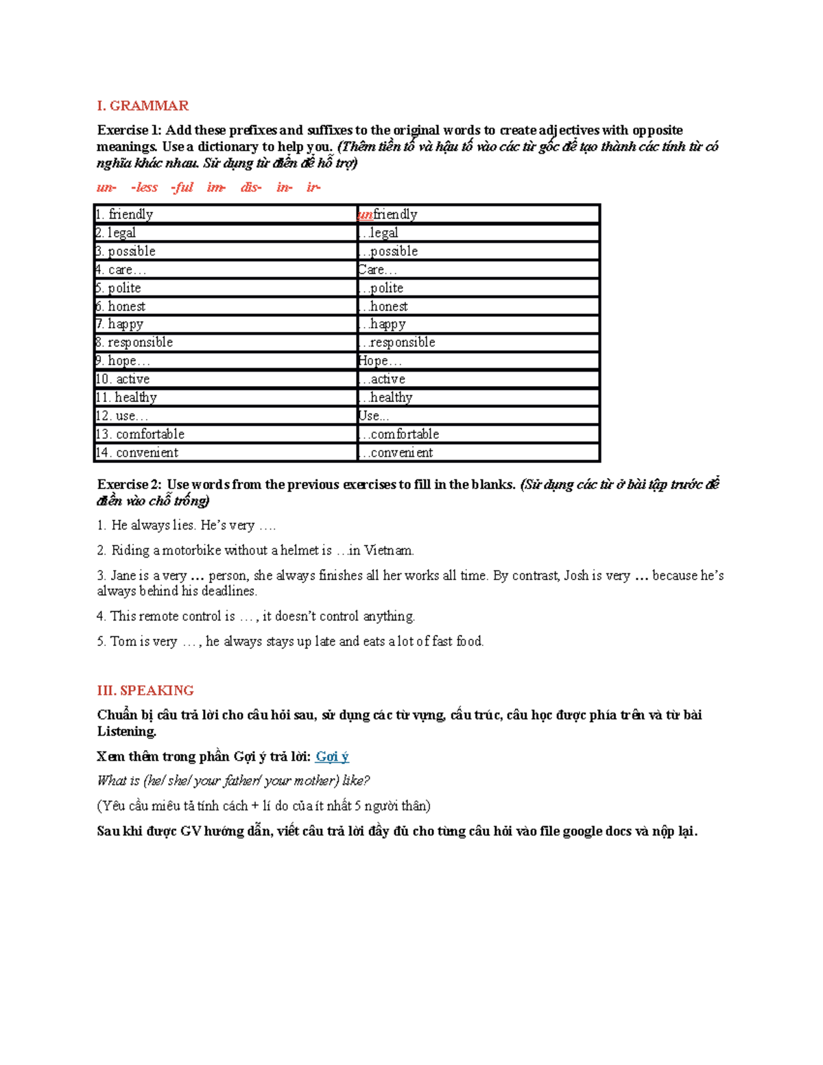 Lesson 1 Challenge 2 - bài tập t.a 0 - I. GRAMMAR Exercise 1: Add these ...
