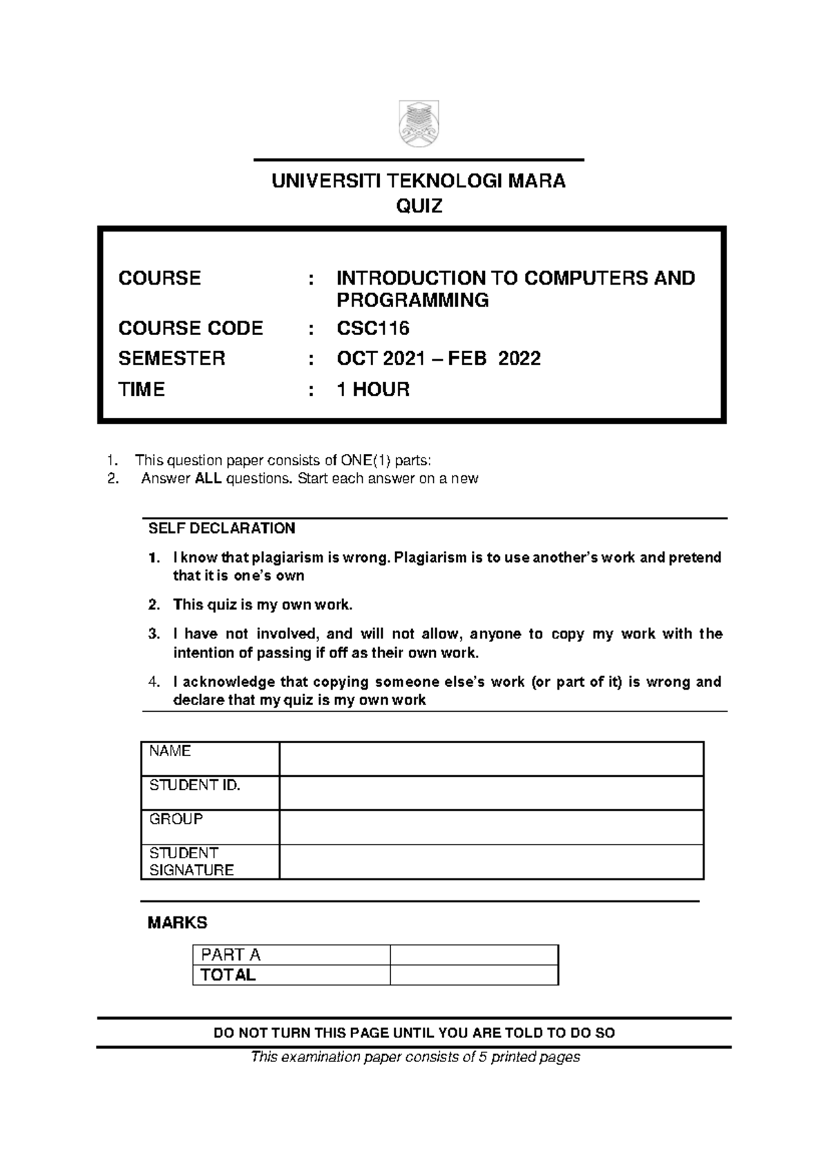 CSC116 Question QUIZ ODL 11 Nov 2021 - UNIVERSITI TEKNOLOGI MARA QUIZ COURSE : INTRODUCTION TO ...