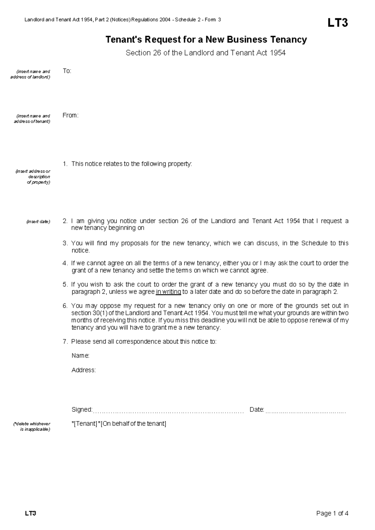 Section 26 Request LForm - LT3 - Landlord and Tenant Act 1954, Part 2 ...