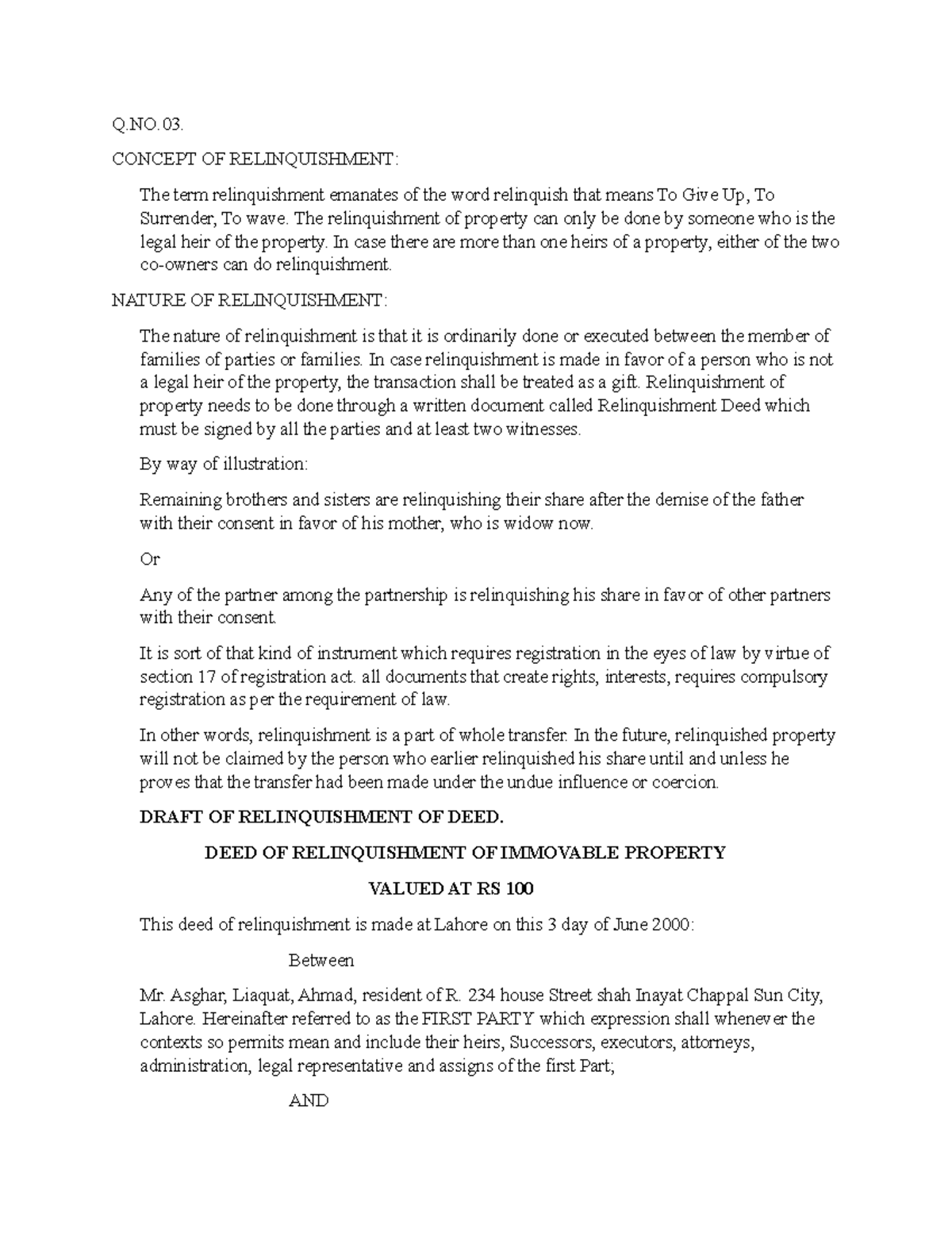 Legal Drafting 2 - Concept of relinquishment and it's draft, section 12 ...
