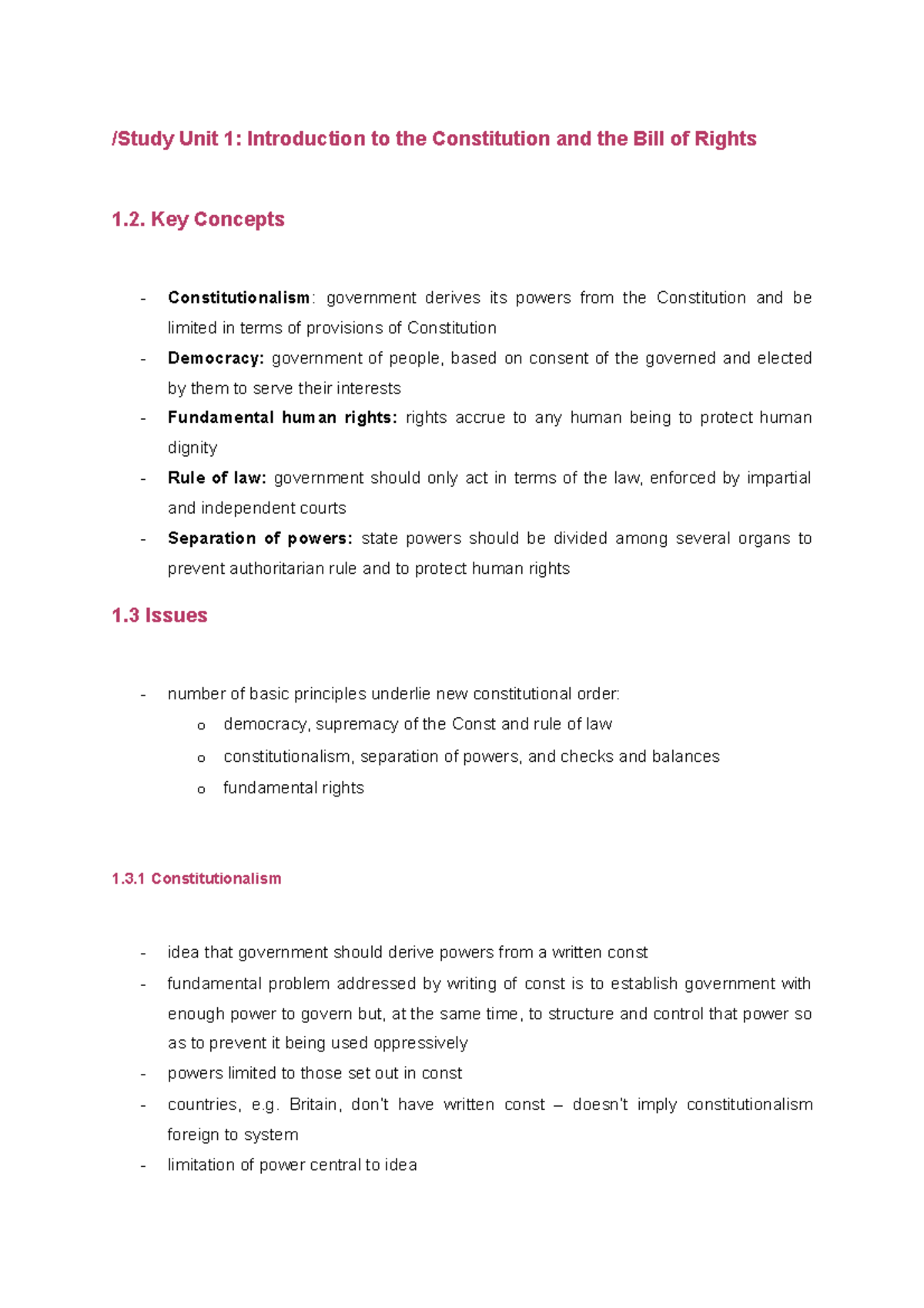 Notes on fundamental rights] - /Study Unit 1: Introduction to the ...