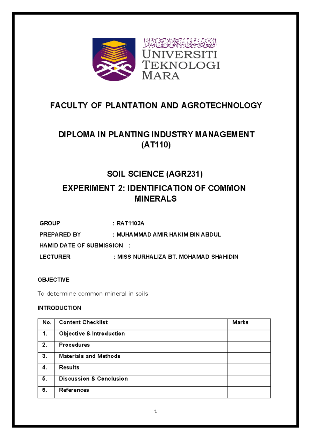 Lab 2 - LAB REPORT - FACULTY OF PLANTATION AND AGROTECHNOLOGY DIPLOMA ...