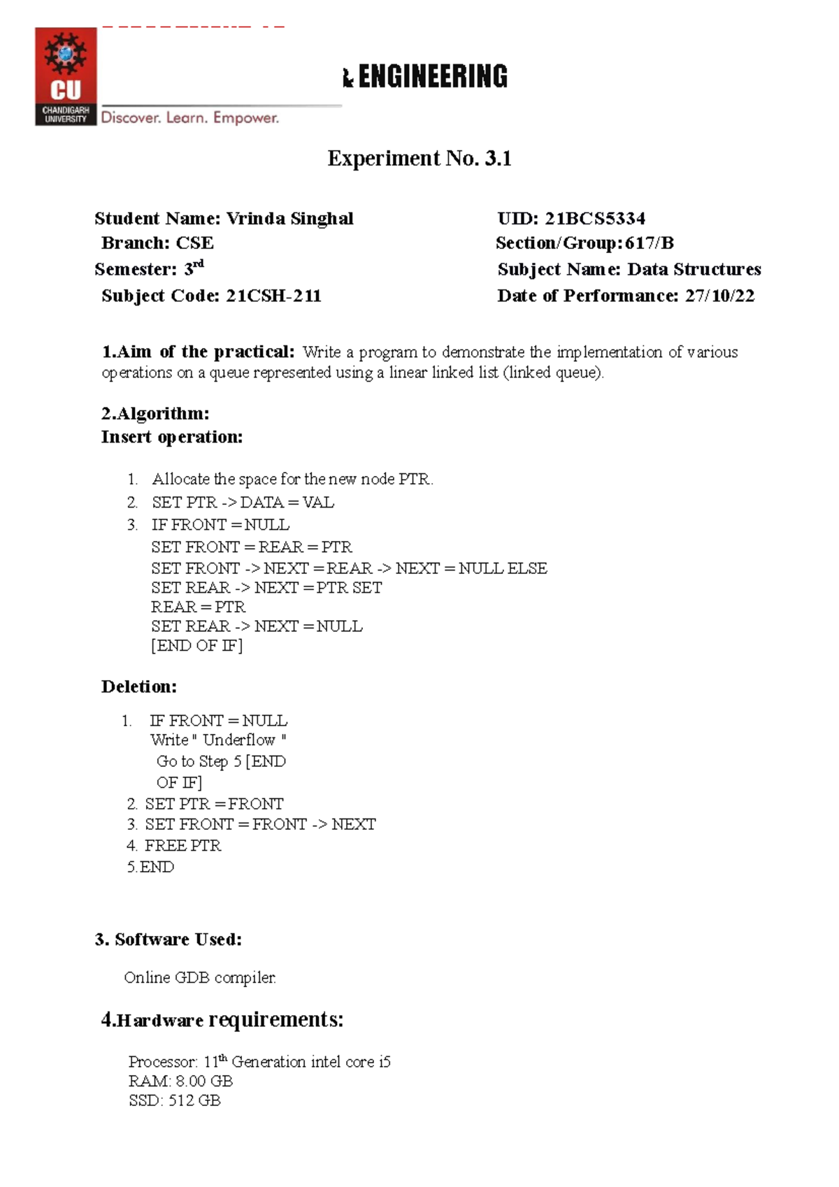 DS worksheet 3 - czcznc,zmnxcmx - DEPARTMENT OF COMPUTER SCIENCE & ENGINEERING Experiment No. 3 ...