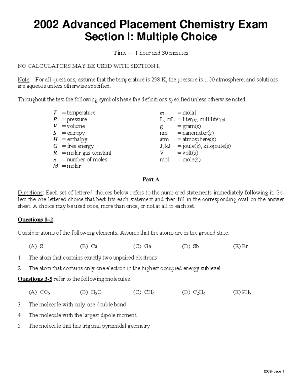 AP '02 Multiple Choice - 2002 Advanced Placement Chemistry Exam Section ...