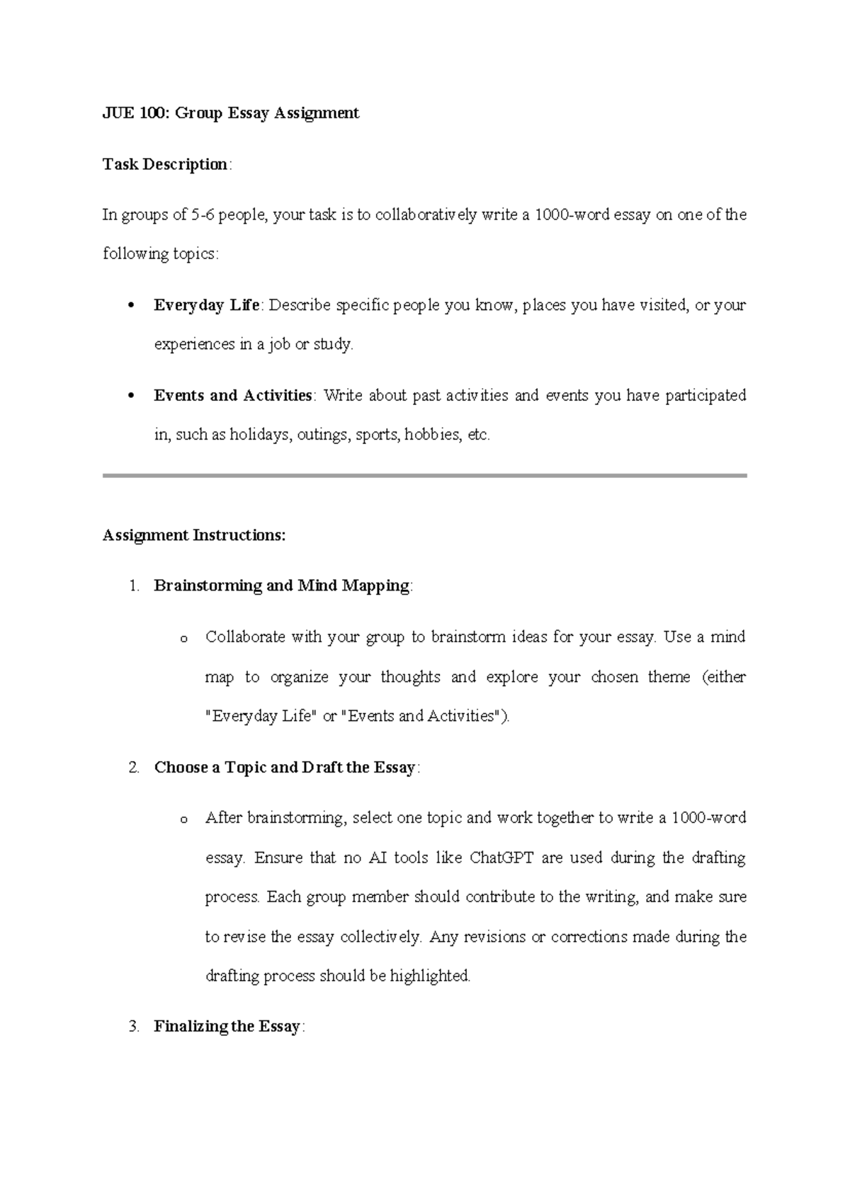 JUE 100- Group Essay Assignment - JUE 100: Group Essay Assignment Task ...