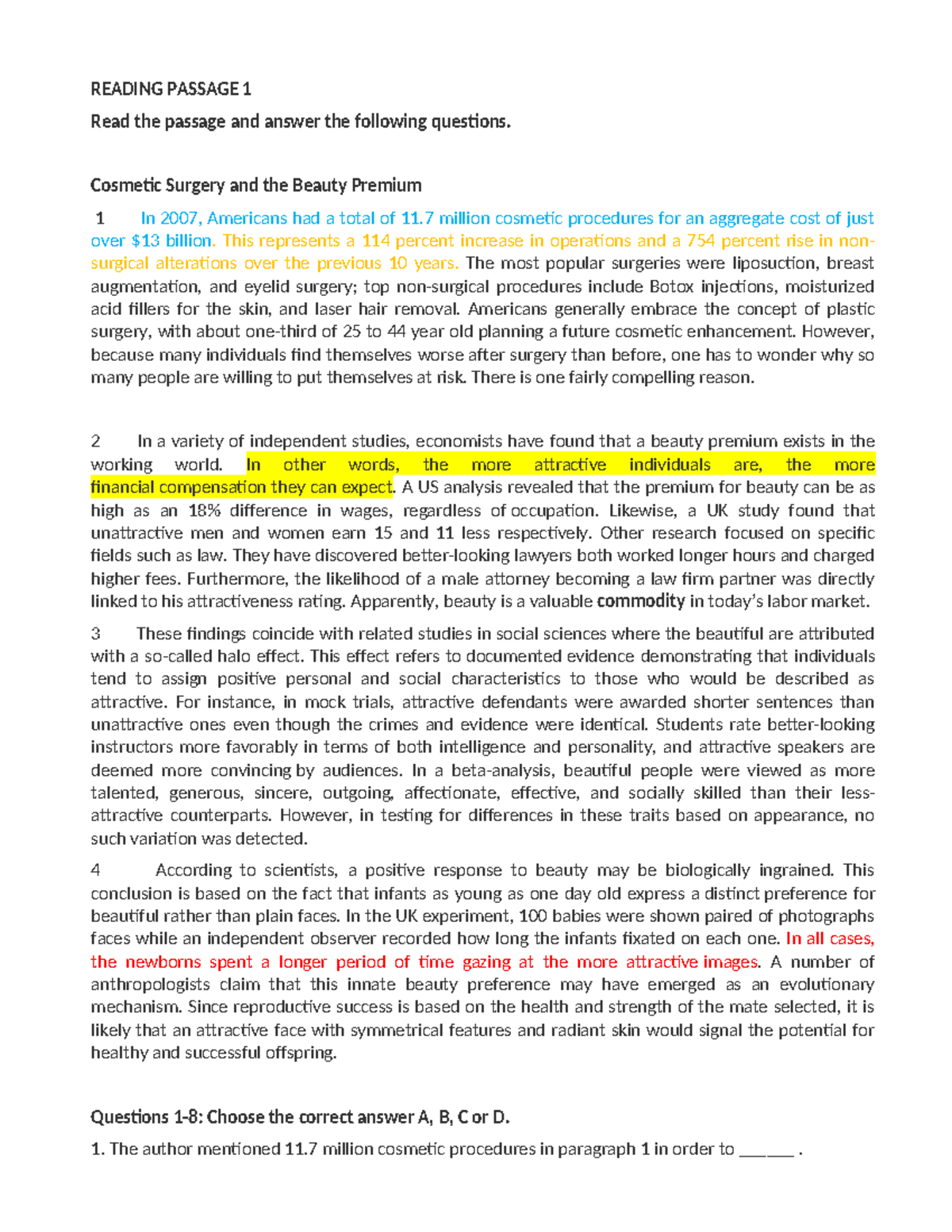 Practice 2 - Aug 15 - READING PASSAGE 1 Read the passage and answer the following questions ...