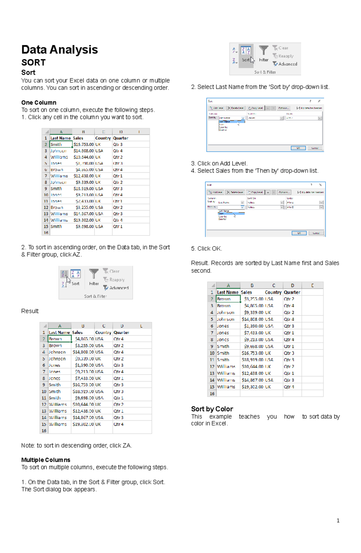 Data Analysis Using Excel - Data Analysis SORT Sort You can sort your ...