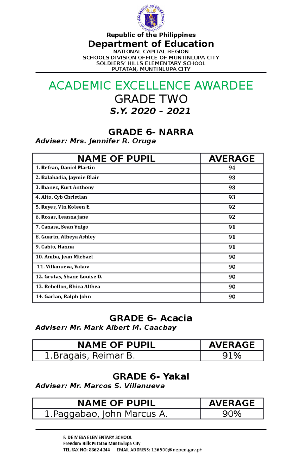 Academic Excellence award gr - Republic of the Philippines Department ...