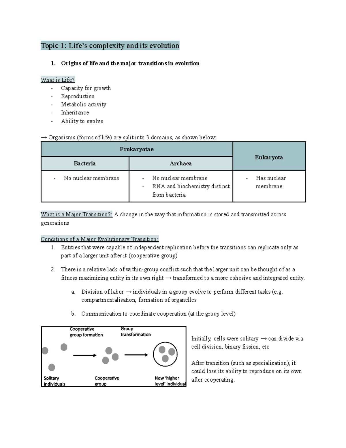LSM1111 Preview notes - Topic 1: Life’s complexity and its evolution ...