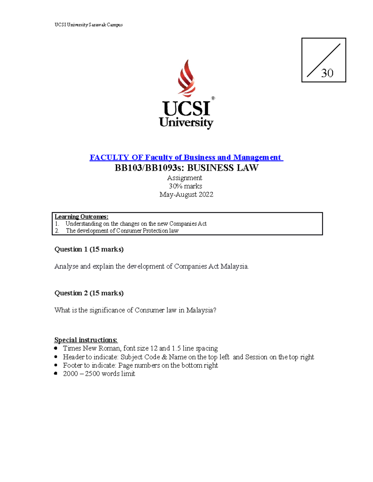 Assignment Question business law 2022 - UCSI University Sarawak Campus ...
