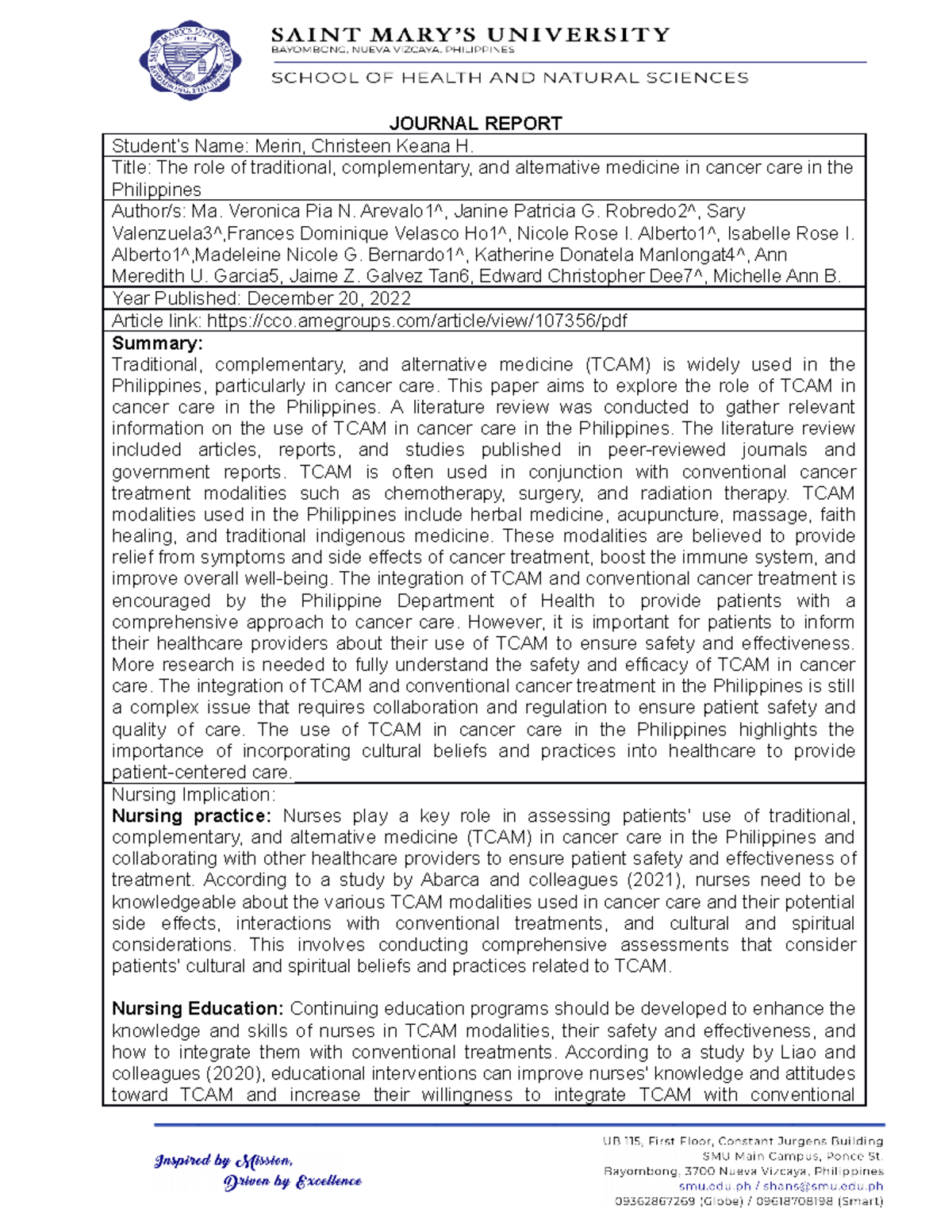 Journal-Formattrancuactivity 4 - JOURNAL REPORT Student’s Name: Merin ...