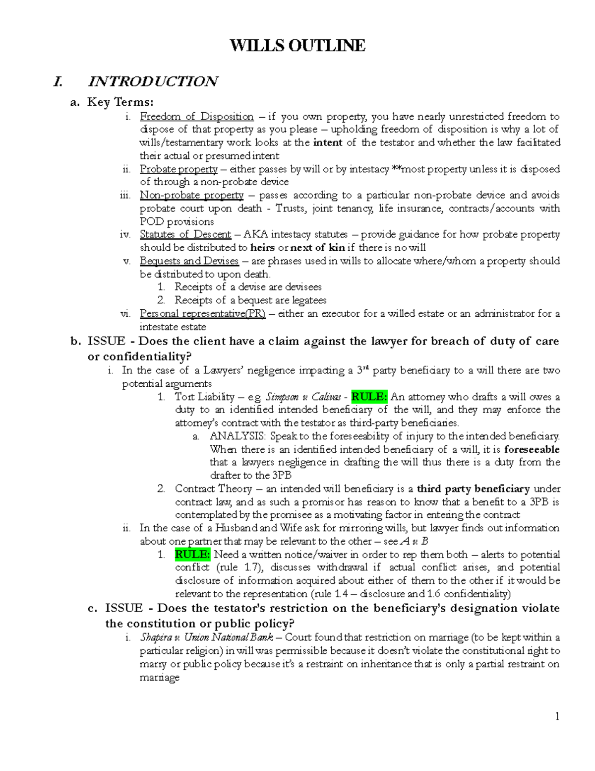 Wills Estates and Trusts Outline - WILLS OUTLINE I. INTRODUCTION a. Key ...