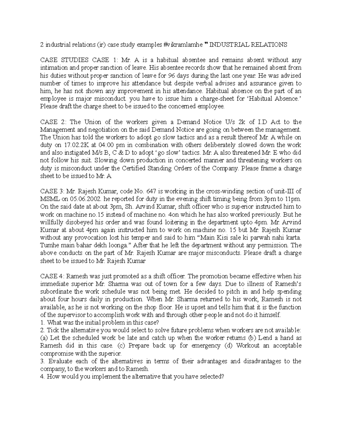 IR Case - Case Study with questions - 2 industrial relations (ir) case ...