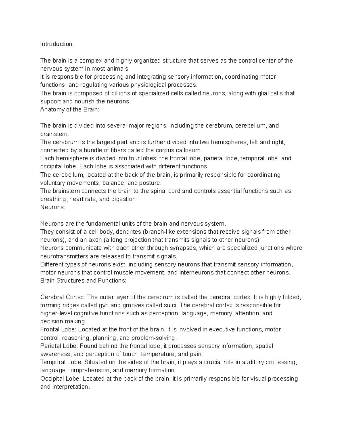 Brain notes for stodocu - Introduction: The brain is a complex and ...