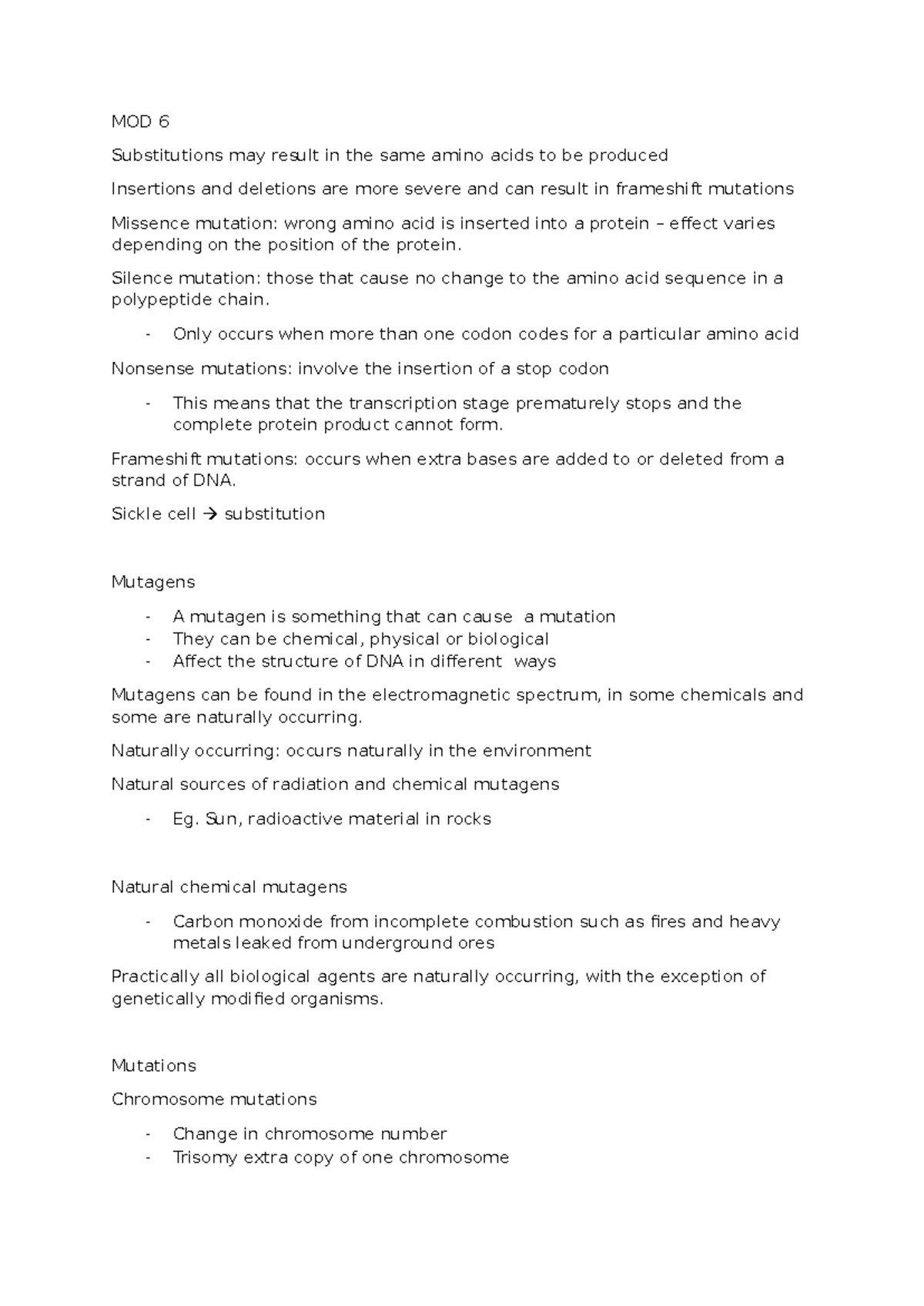 MOD 6 Notes - bio - MOD 6 Substitutions may result in the same amino ...