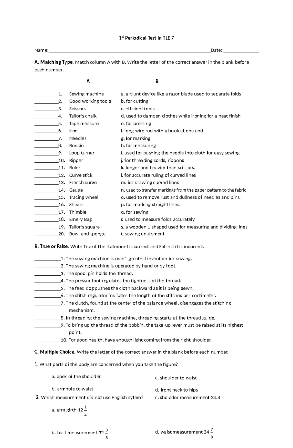 Scribfree - For Practice Purposes - 1 st Periodical Test in TLE 7 Name ...