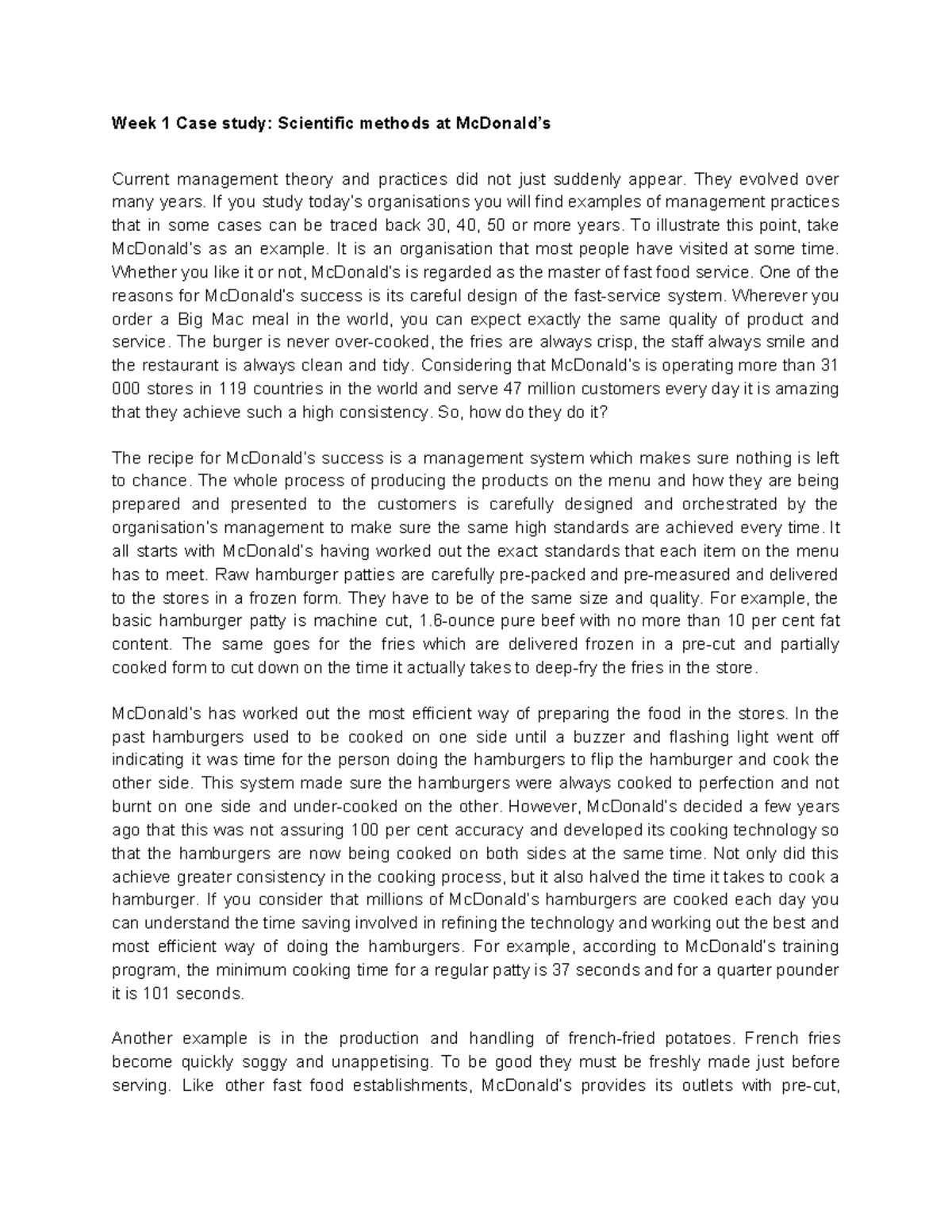 Mc Donals scientific methods system case study - Week 1 Case study ...
