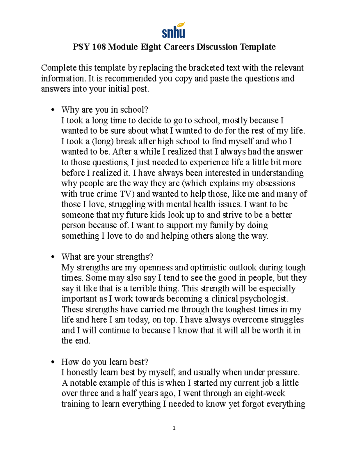 PSY 108 Module Eight Careers Discussion Template - PSY 108 Module Eight ...