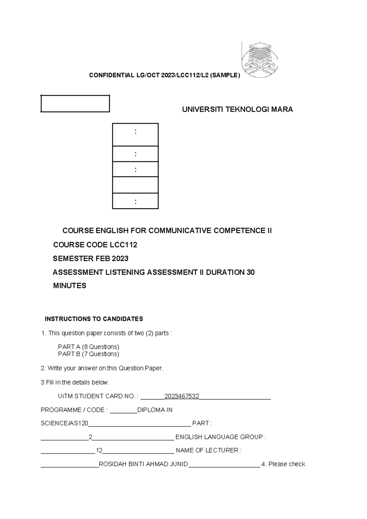 LCC112 Sample Listening Assessment L2 QP - CONFIDENTIAL LG/OCT 2023 ...