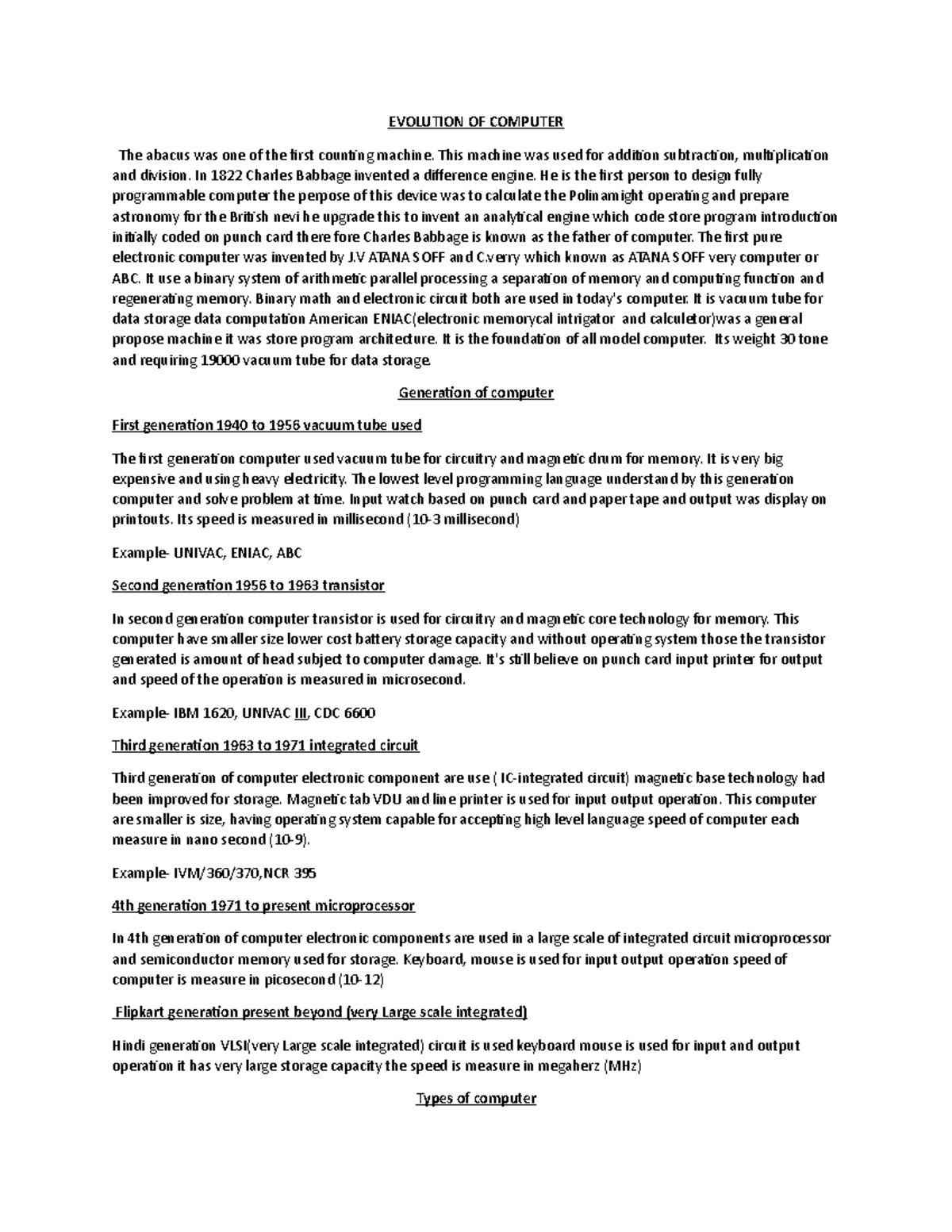 Computer fundamental note - EVOLUTION OF COMPUTER The abacus was one of ...