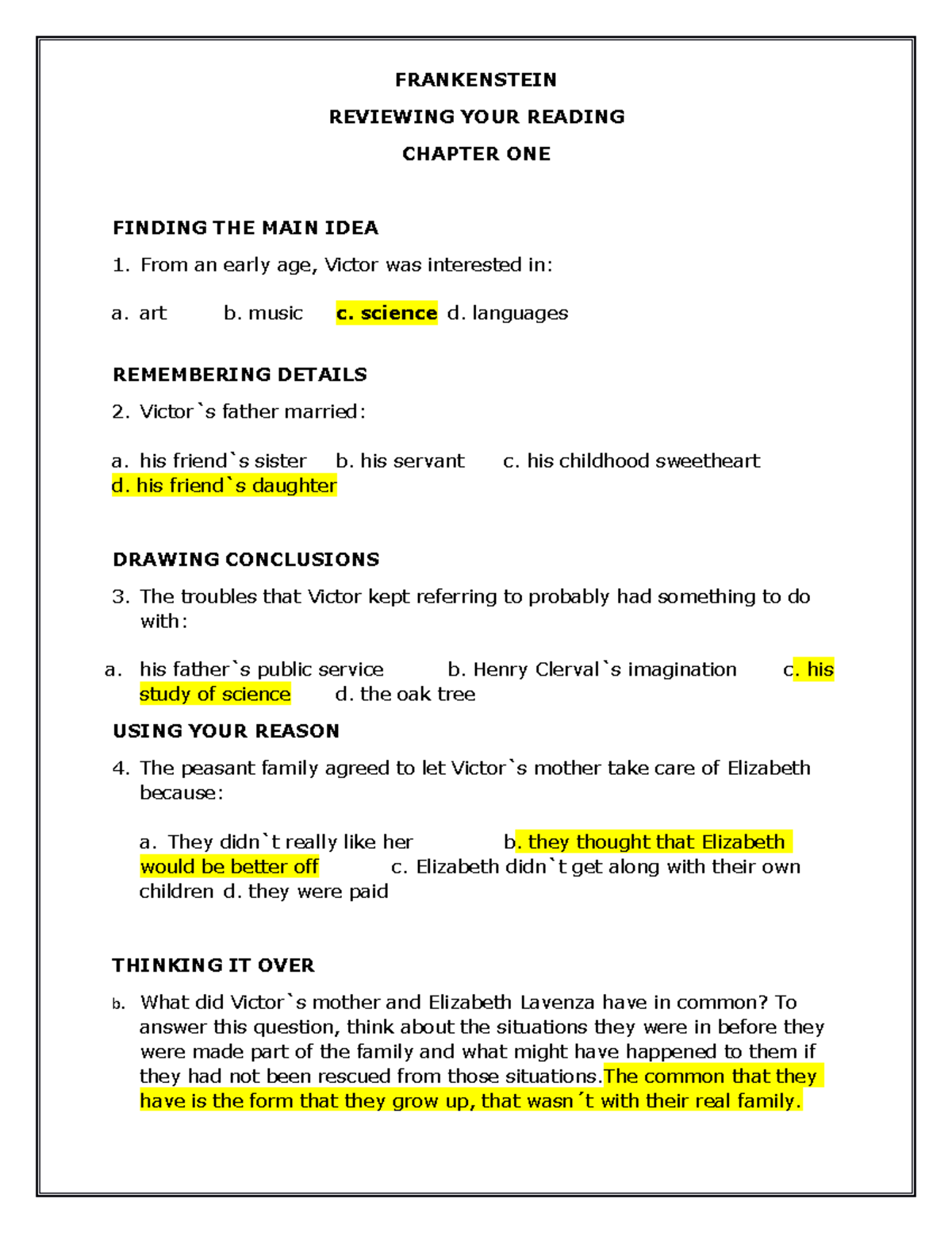 Chapter 1 - ingles - FRANKENSTEIN REVIEWING YOUR READING CHAPTER ONE ...