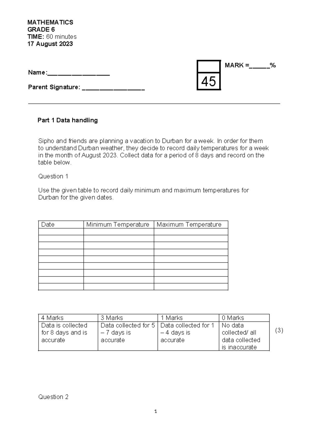 Weather Data project Gr 6 1 - MATHEMATICS GRADE 6 TIME: 60 minutes 17 ...