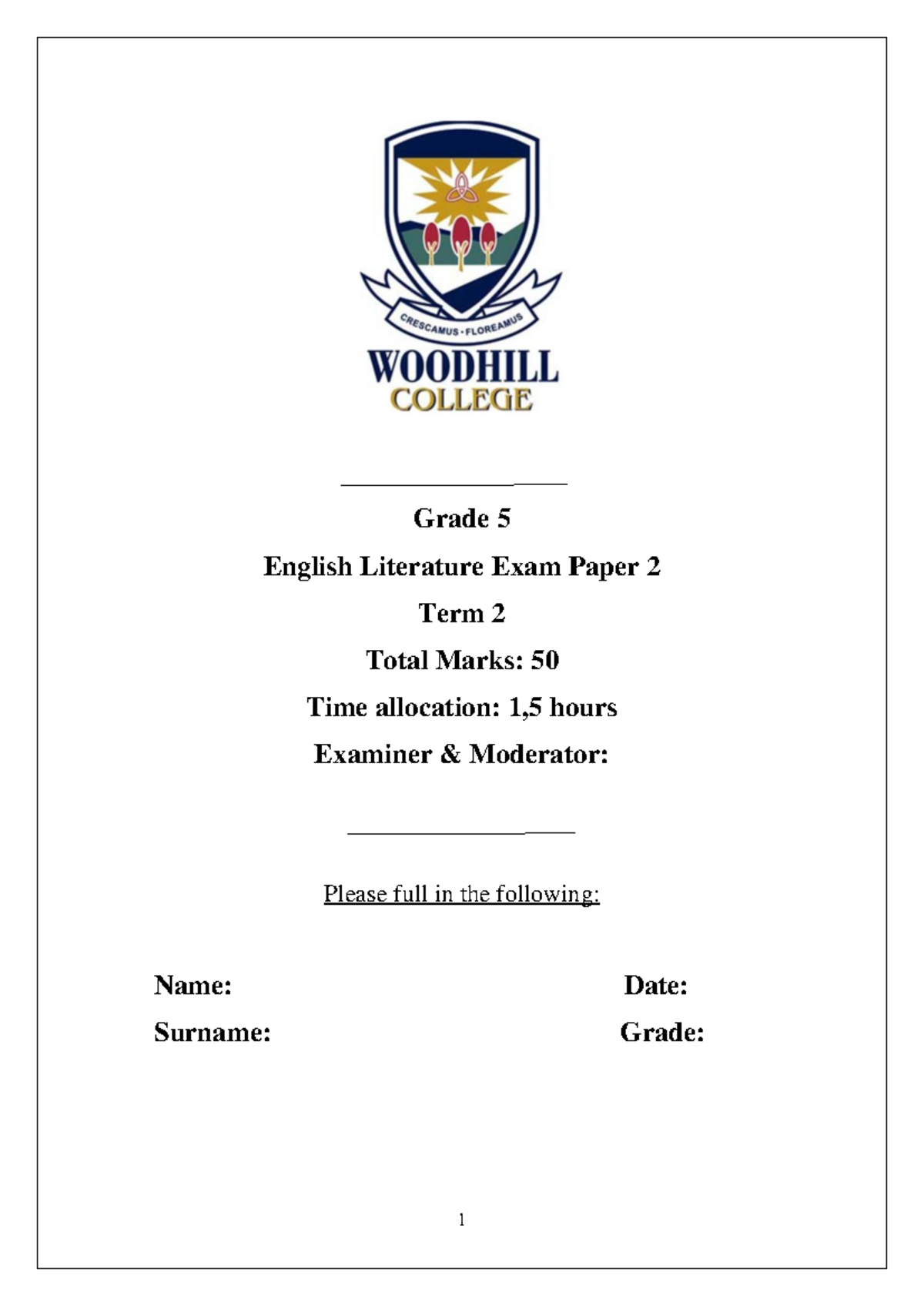 Sample paper 1 (1) Grade 5 - Grade 5 English Literature Exam Paper 2 ...