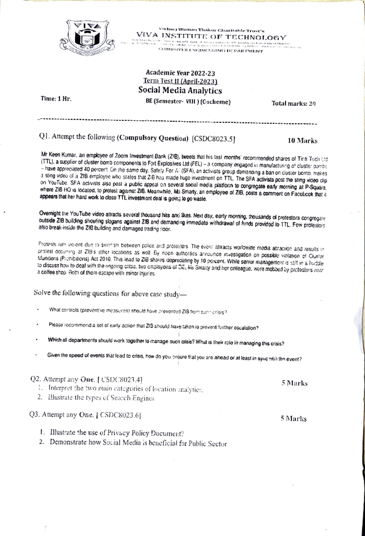 Sem 8 Term test 2 - tt2 paper - Time: 1 Hr. Vinhu Waman Tluakur C ...