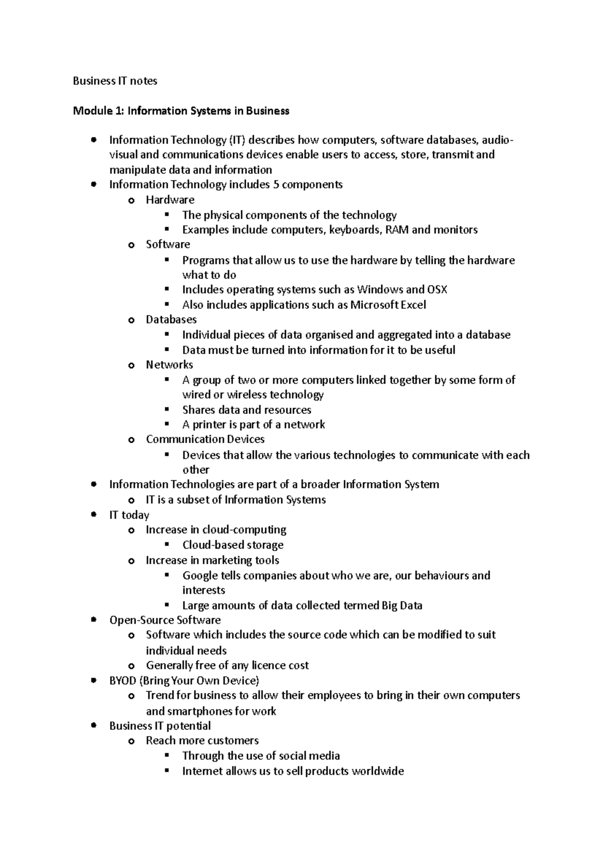 IT module 5-10 notes - Business IT notes Module 1: Information Systems ...