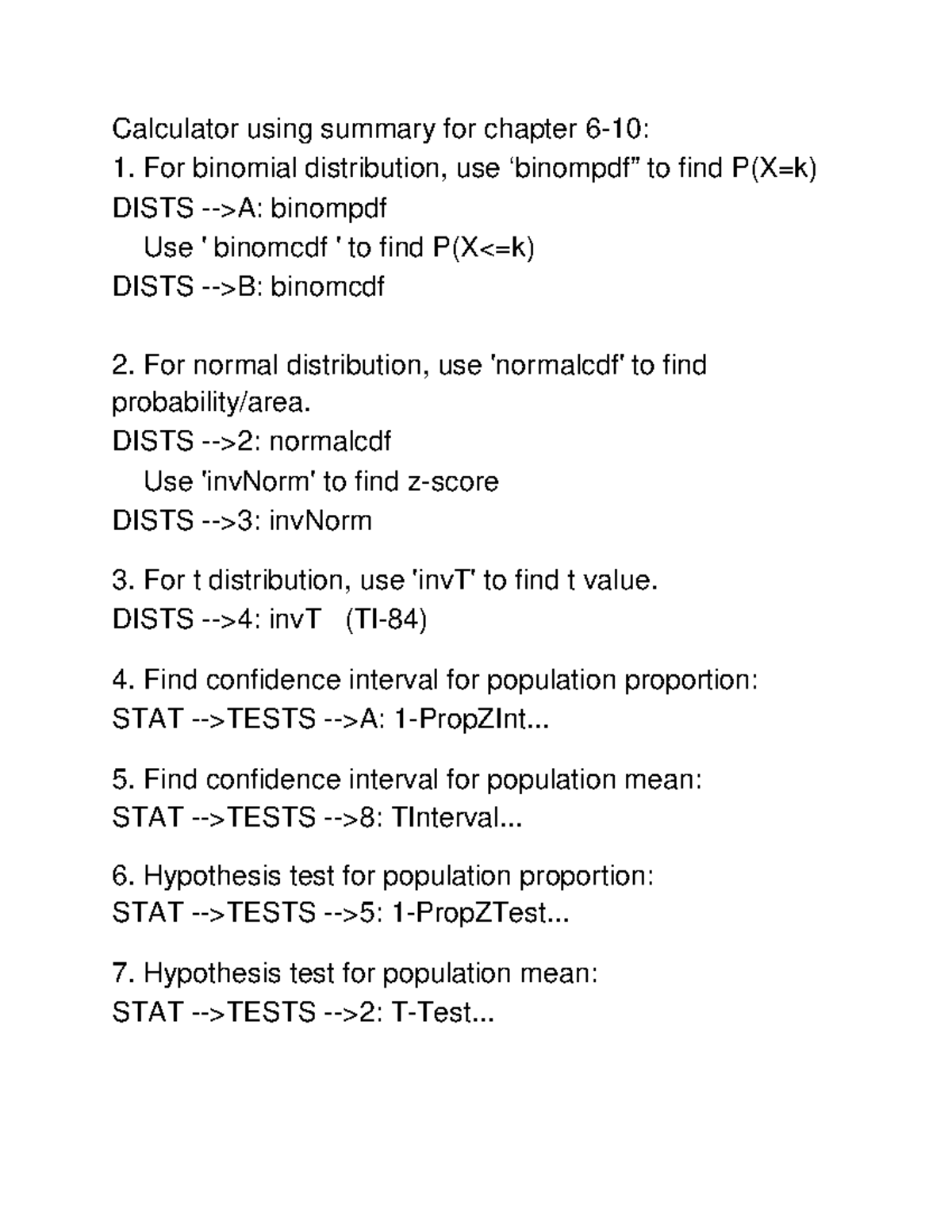 Calculator Instruction Sheet - Calculator using summary for chapter 6 ...