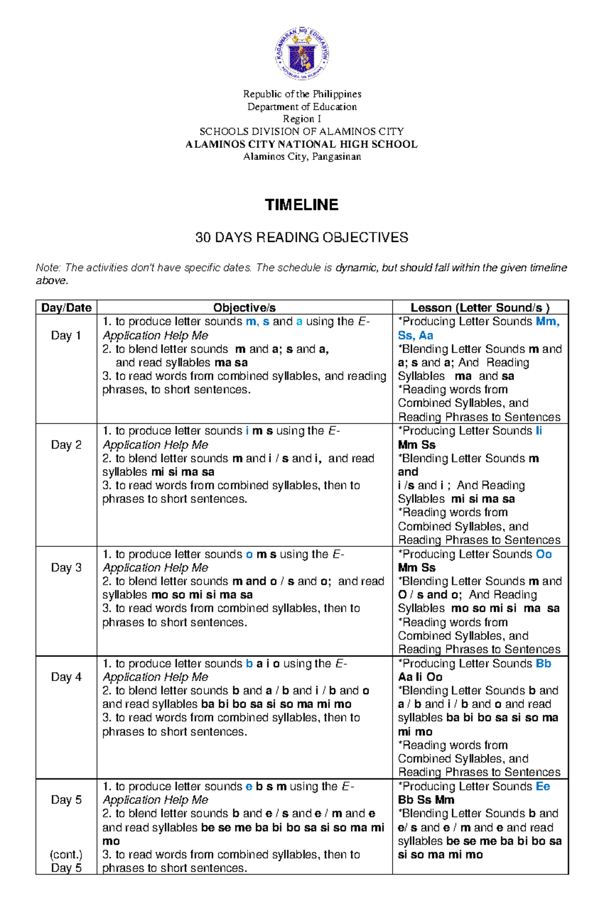 30 DAYS Reading Objectives - Republic of the Philippines Department of ...