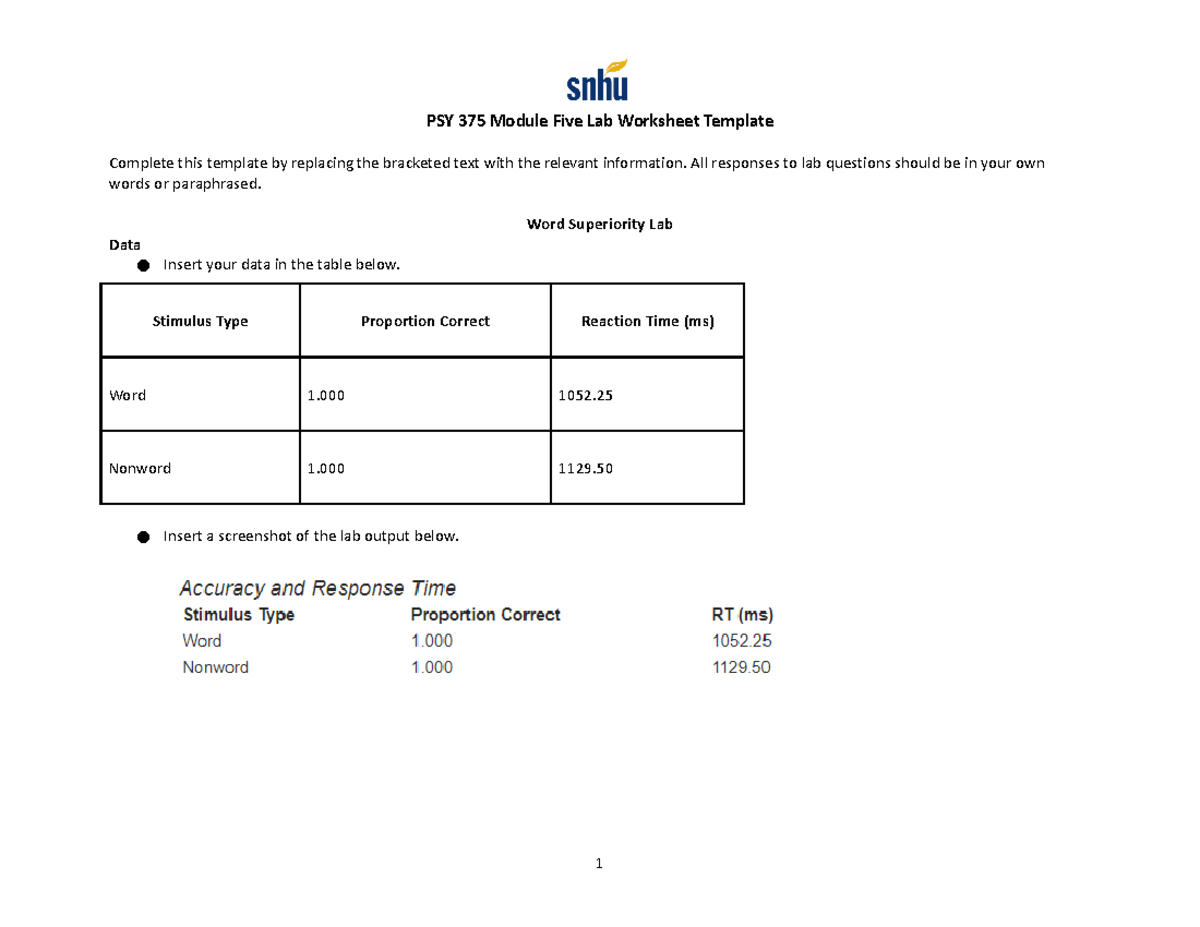 PSY 375 Module Five Lab Worksheet Template - PSY 375 Module Five Lab Worksheet Template Complete ...