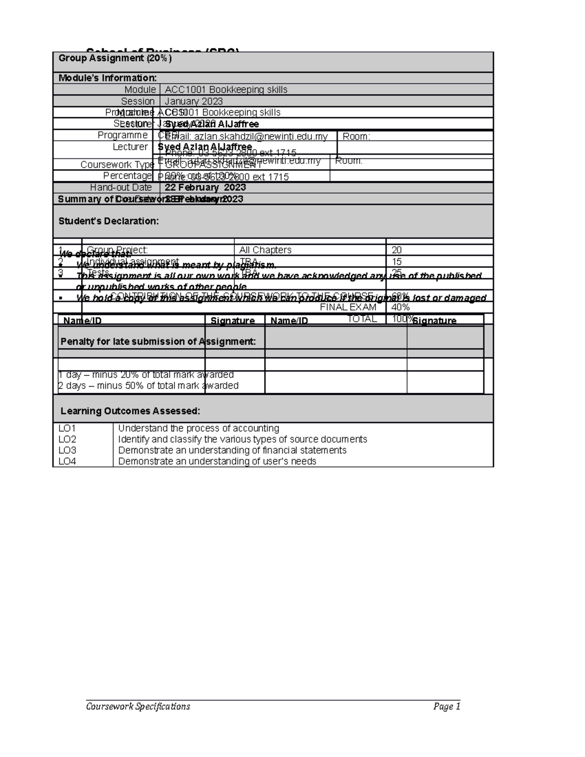 ACC1001 Group Asgnmt Jan 23 - Module’s Information: Module ACC1001 ...