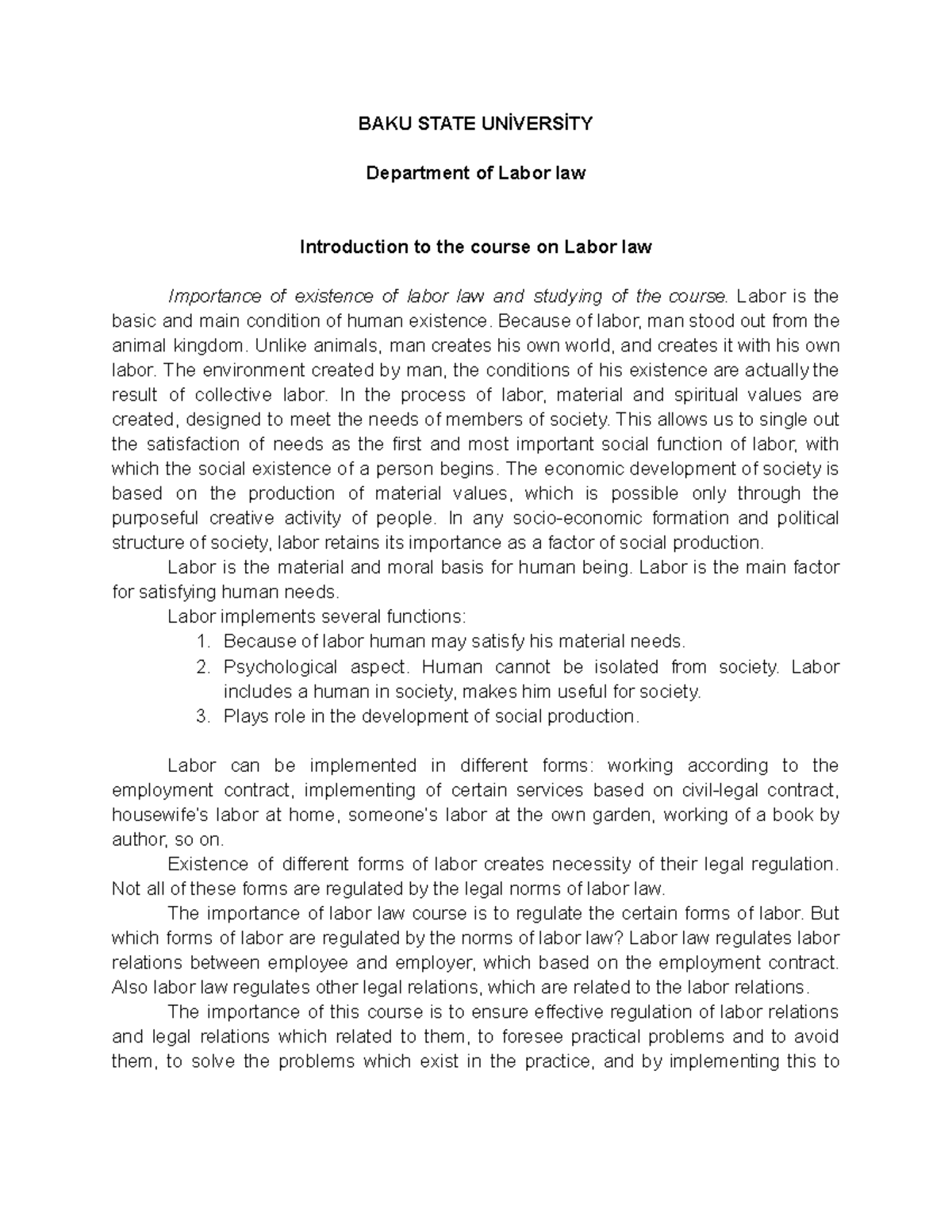 Introduction to the course on Labor law - BAKU STATE UNİVERSİTY ...
