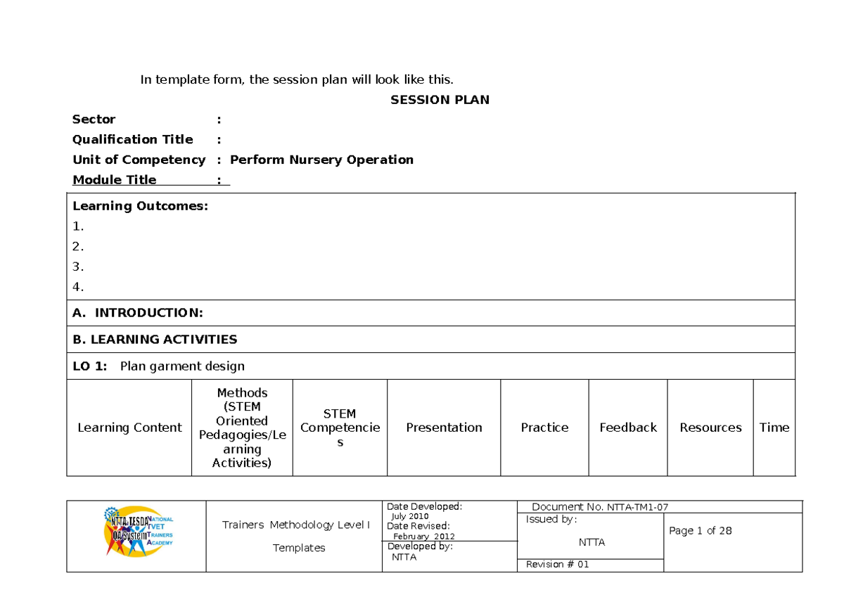 3 - Session Plan New - SUMMARY - In template form, the session plan ...