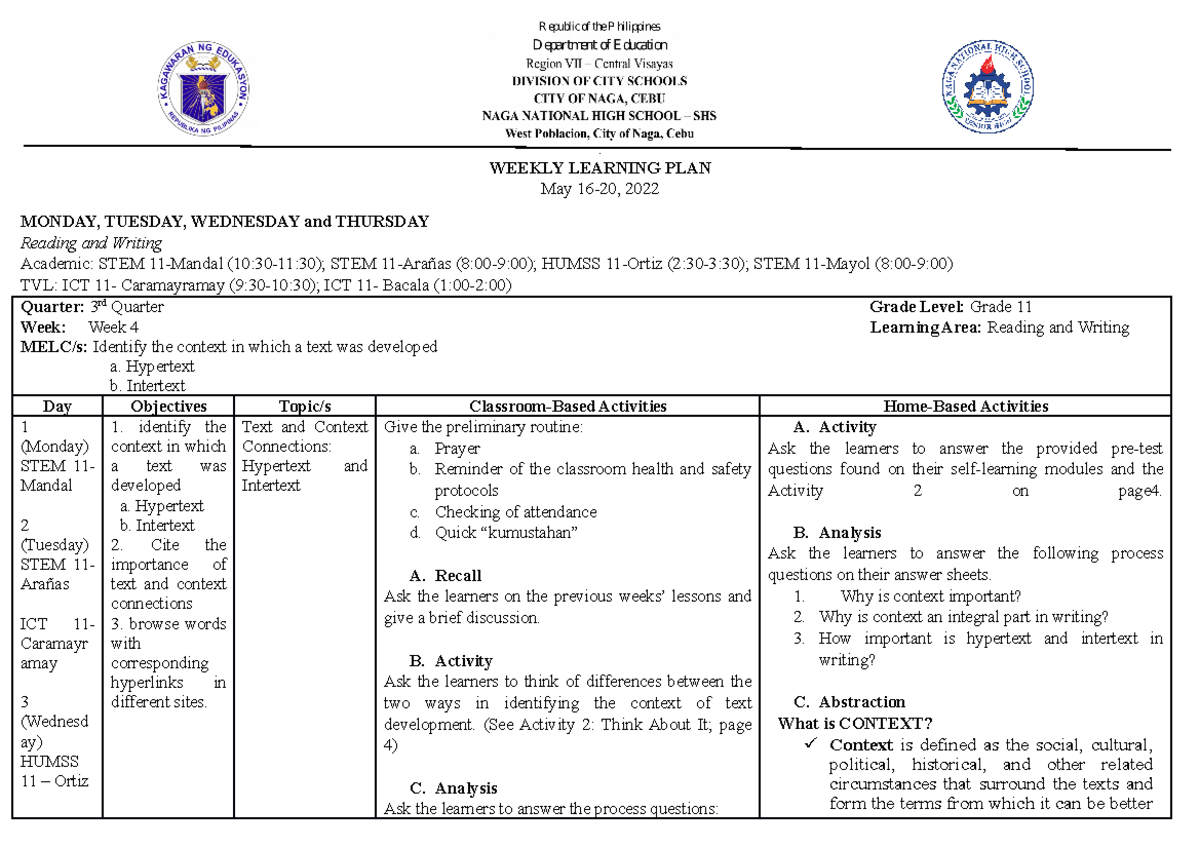 1 - writing - . WEEKLY LEARNING PLAN May 16-20, 2022 MONDAY, TUESDAY ...