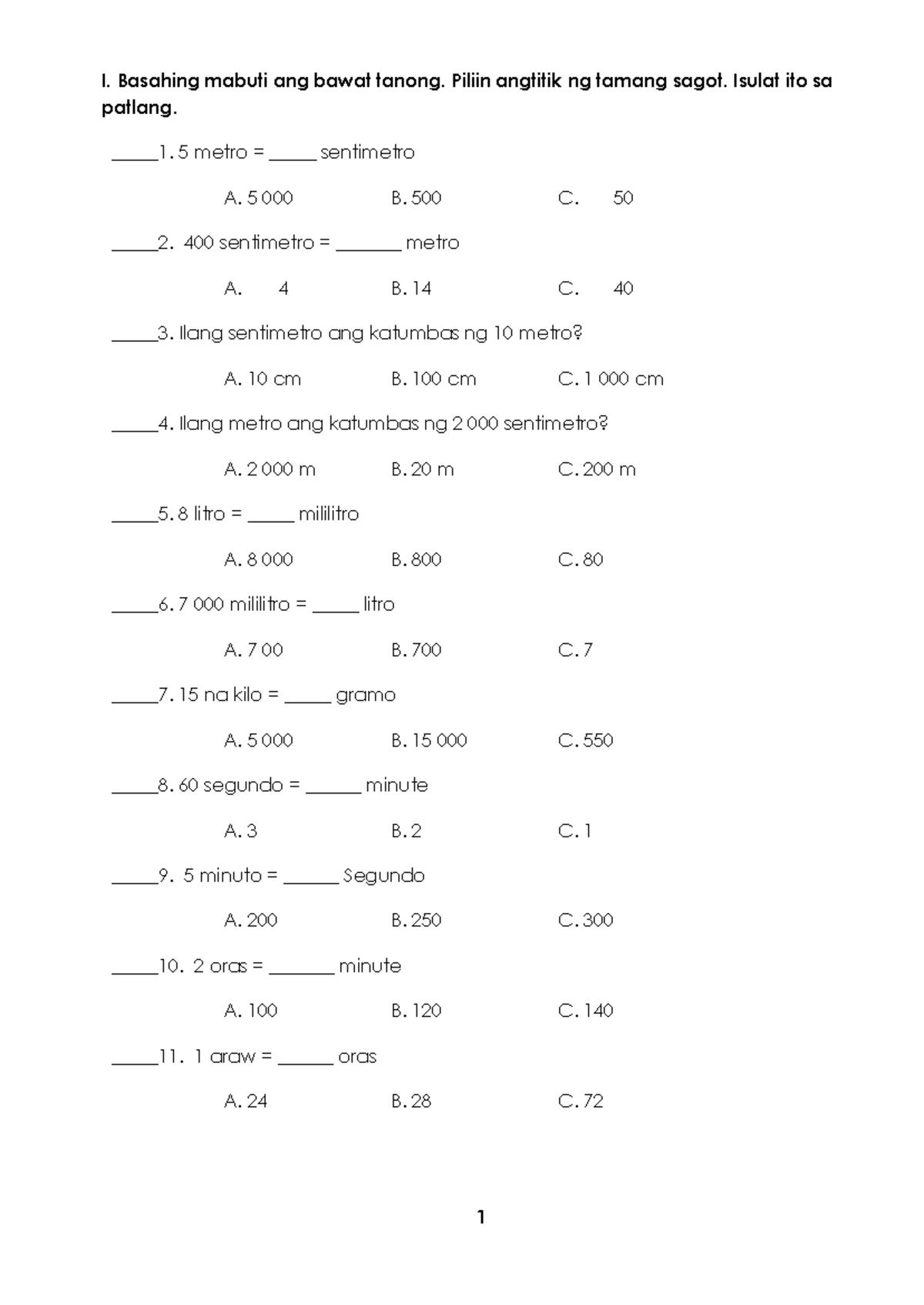 MATH Reviewer - I. Basahing mabuti ang bawat tanong. Piliin angtitik ng ...