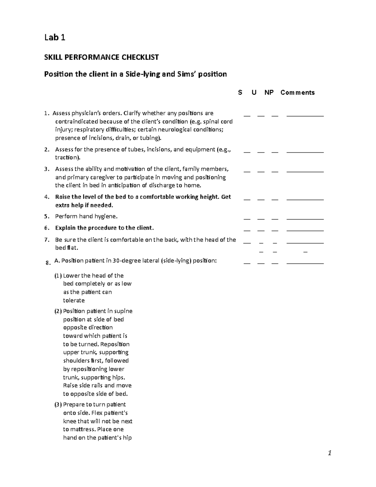 Sims' and Side-lying postions - Lab 1 SKILL PERFORMANCE CHECKLIST ...