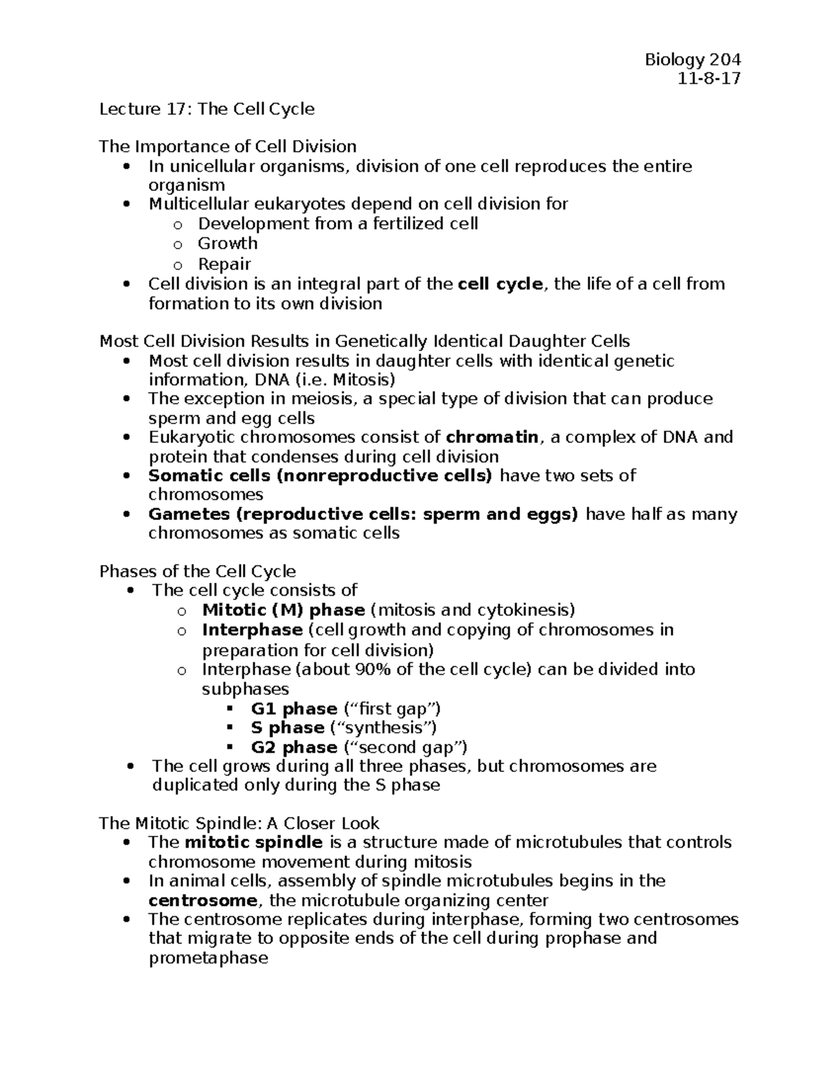 Lecture 17 - Biology 204 - Biology 204 Lecture 17: The Cell Cycle The ...