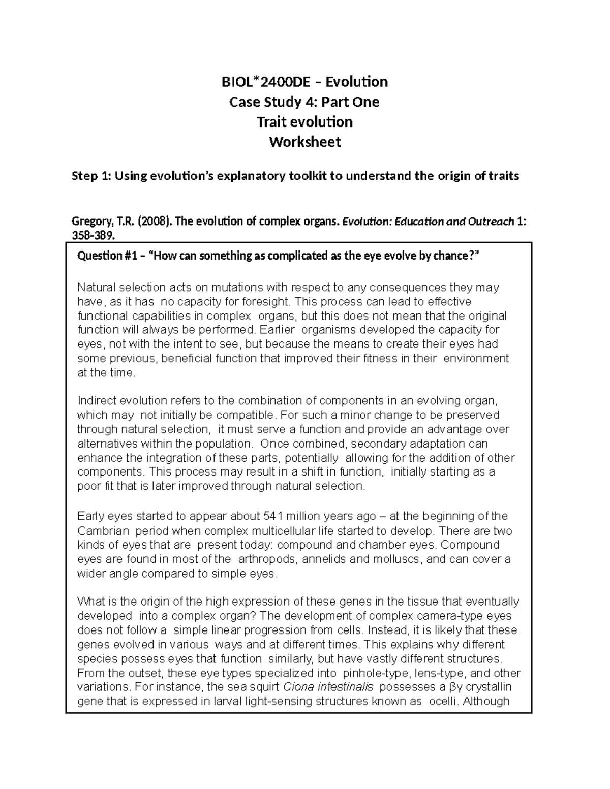 Case Study 4 Part One worksheet - BIOL*2400DE – Evoluon Case Study 4 ...