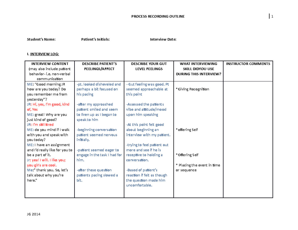 Process example 2 - Student’s Name: Patient’s Initials: Interview Date ...
