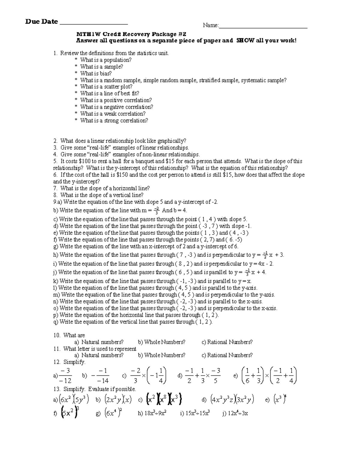 Grade 9 Summative exam review 2 - MPM 1DI Name ...