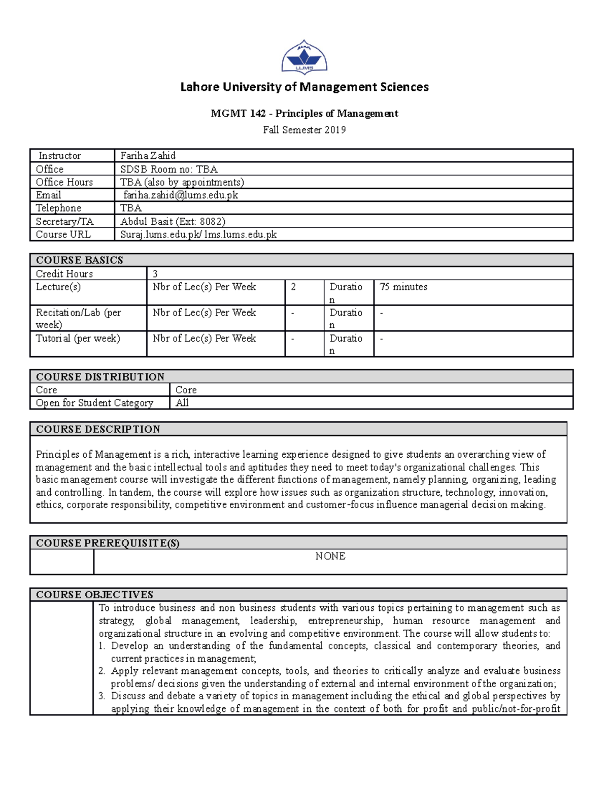 MGMT 142-Principles of Management-Sec 2&3-Fariha Zahid-Fall 2019 - - Studocu
