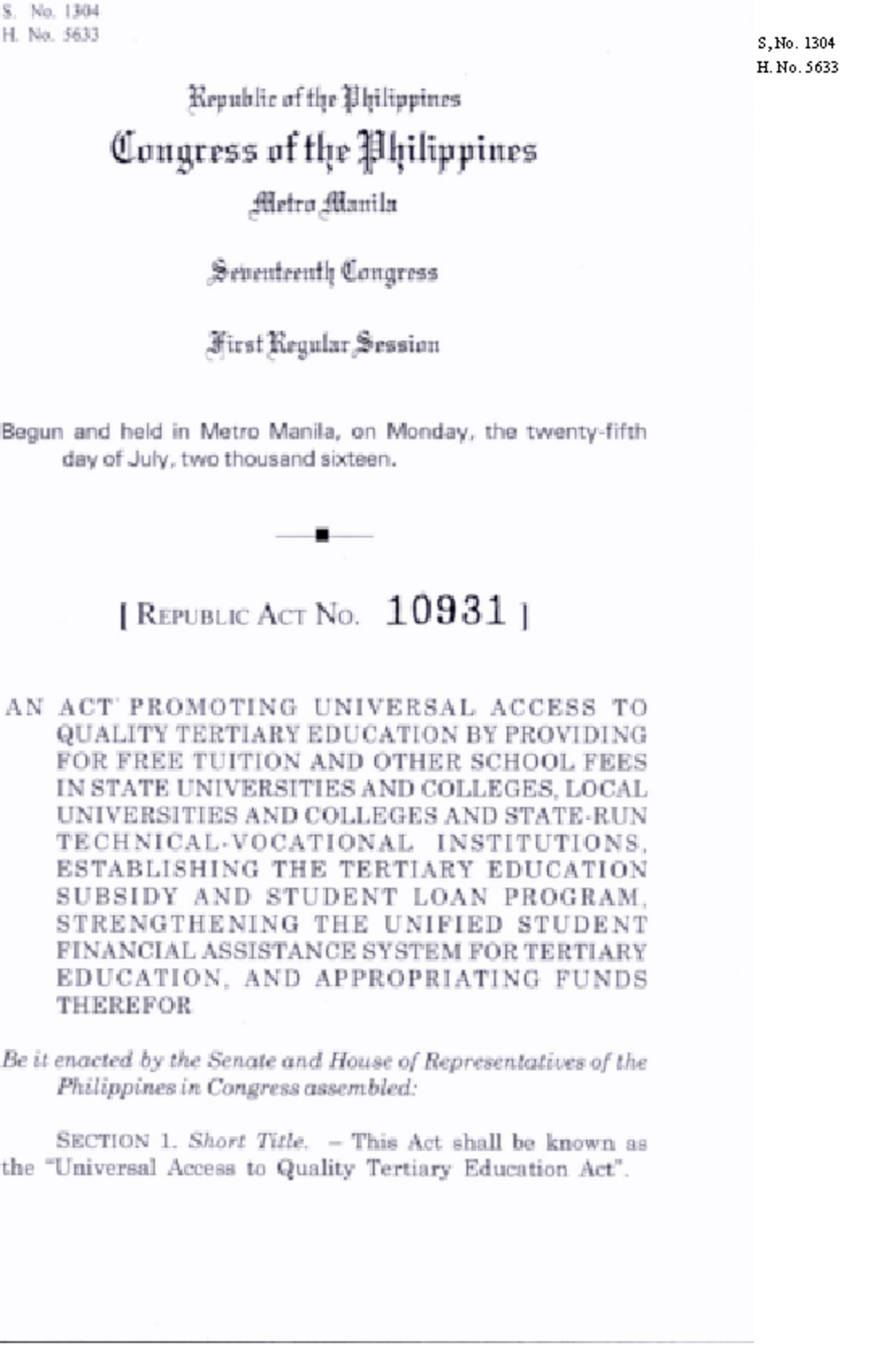 RA 10931 An Act Promoting Universal Access to Quality Tertiary ...
